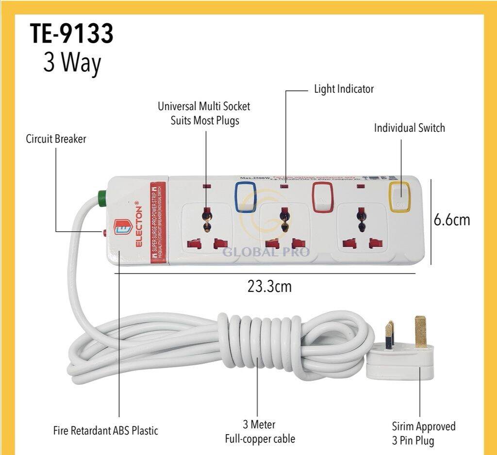 TBC 9 Series Surge Protection Premium 3 Meter Universal Multi Portable ...