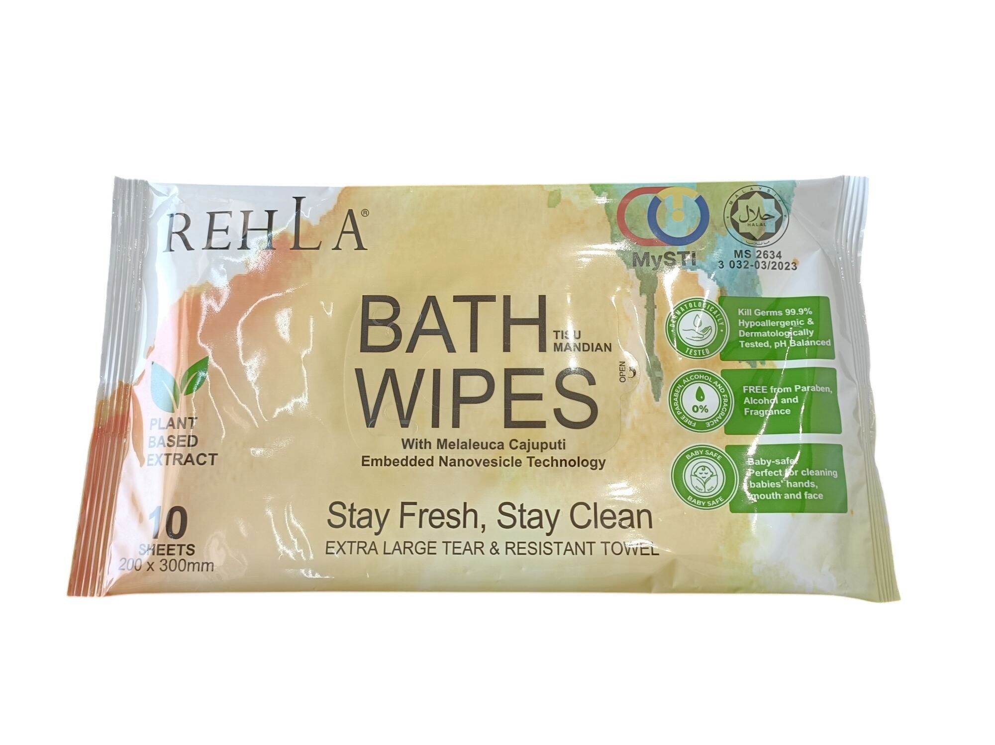 REHLA Ihram Friendly Antiseptic Bath Wipes Wet Tissue Size XL (PEK/10 KEPING) With melaleuca ...