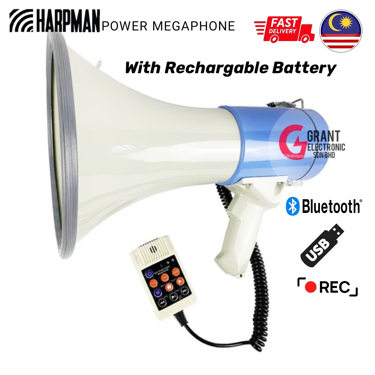 Harpman Power Megaphone With Rechargeable Battery 50W Siren USB RECORD ...