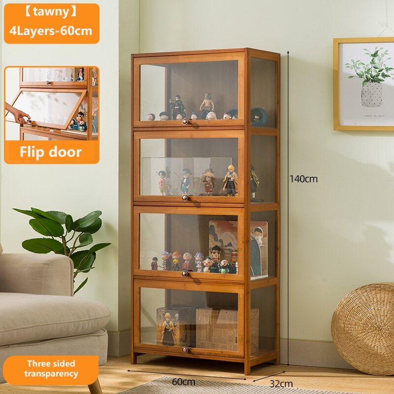 【New】Bamboo Display Cabinet Home Storage Cabinet Transparent Glass ...