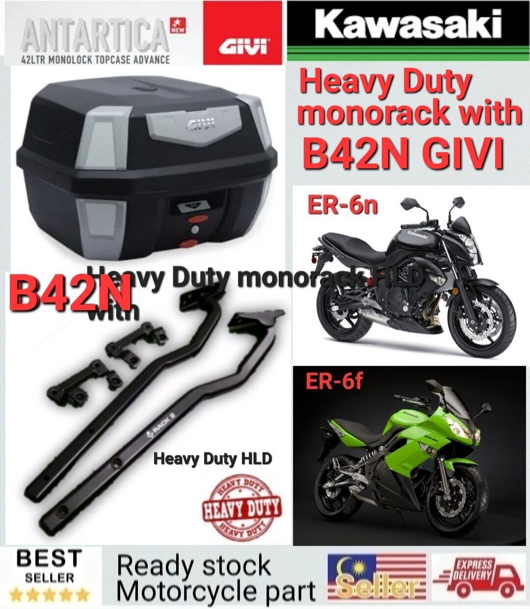 Kawasaki ER6n ER6f 2008-2011 Heavy Duty monorack (HLD) with B42N ANARTICA Monolock top case Givi ...
