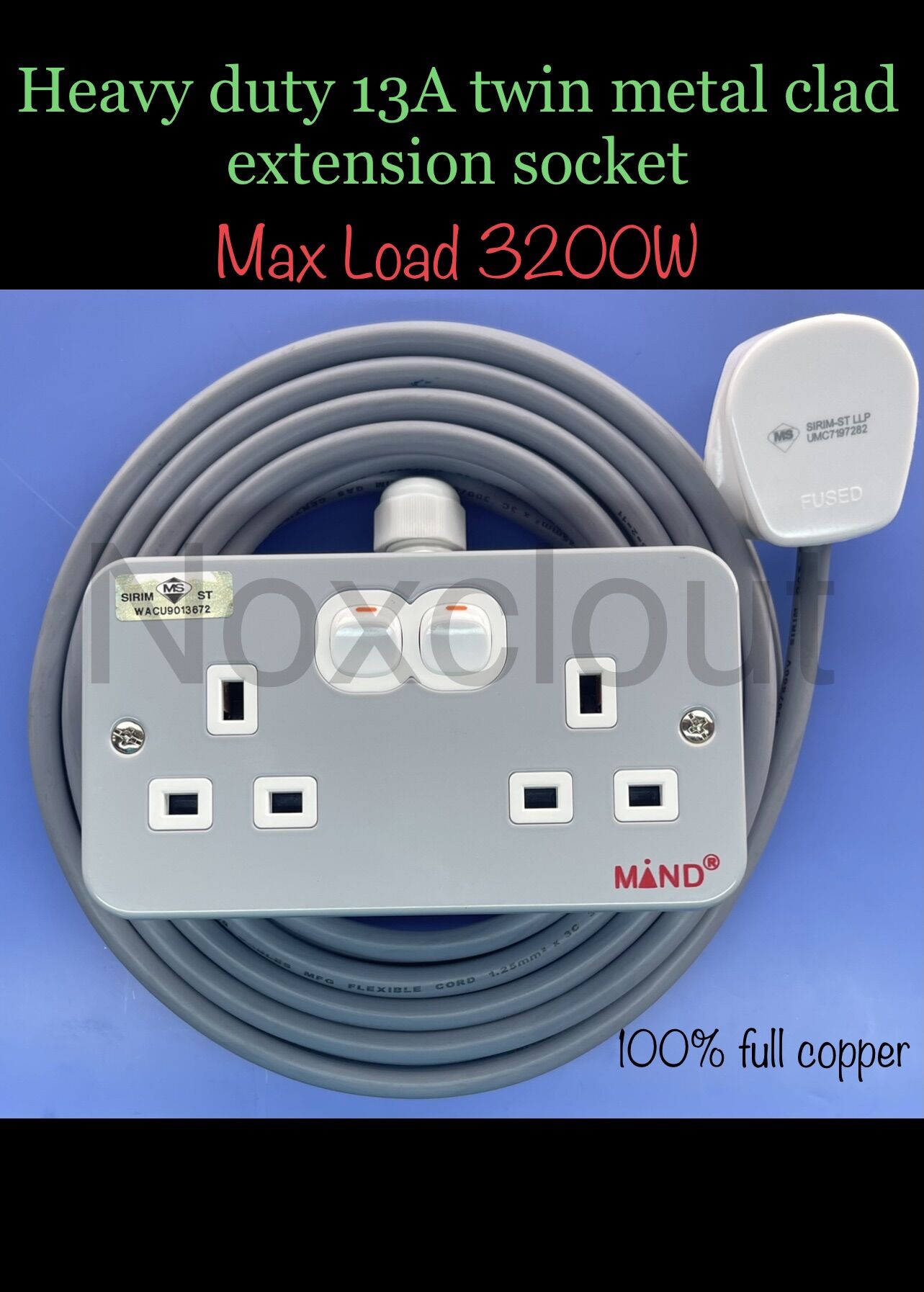 (1.25mmx3core) Heavy duty 13A twin metal clad extension socket wire ...