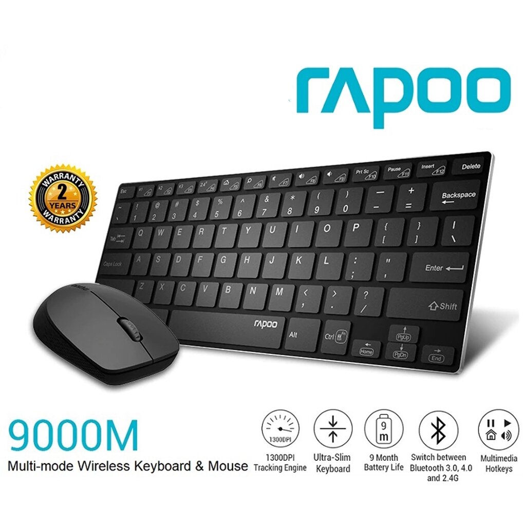Rapoo 9000M Multi Mode Wireless Bluetooth Mouse And Ultra Slim Keyboard ...