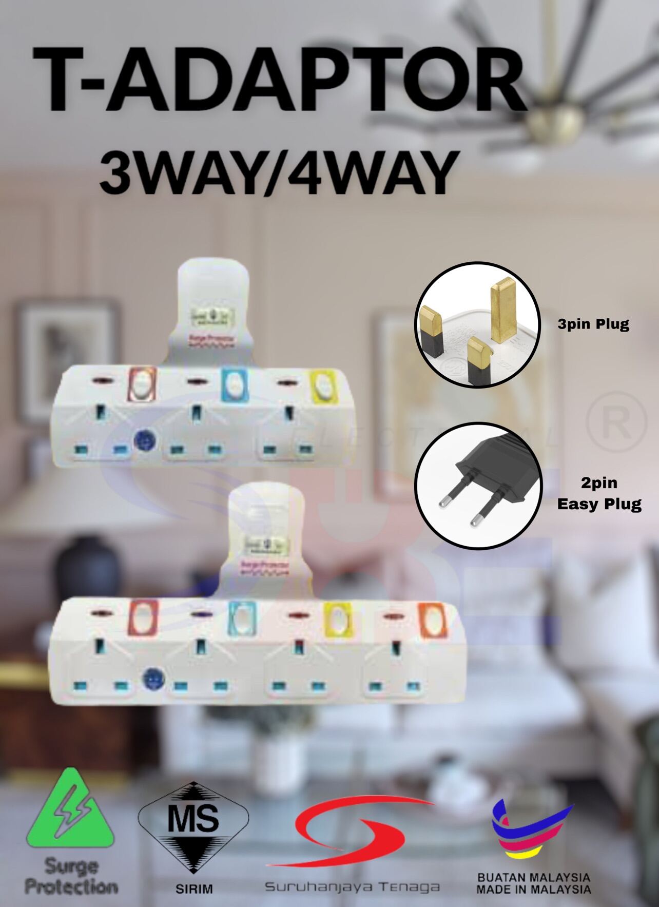 Power Adaport Adaptor Sirim T Adaptor 3 Outlet 4 Outlet Socket Surge Plug Switch Way Gang Wall