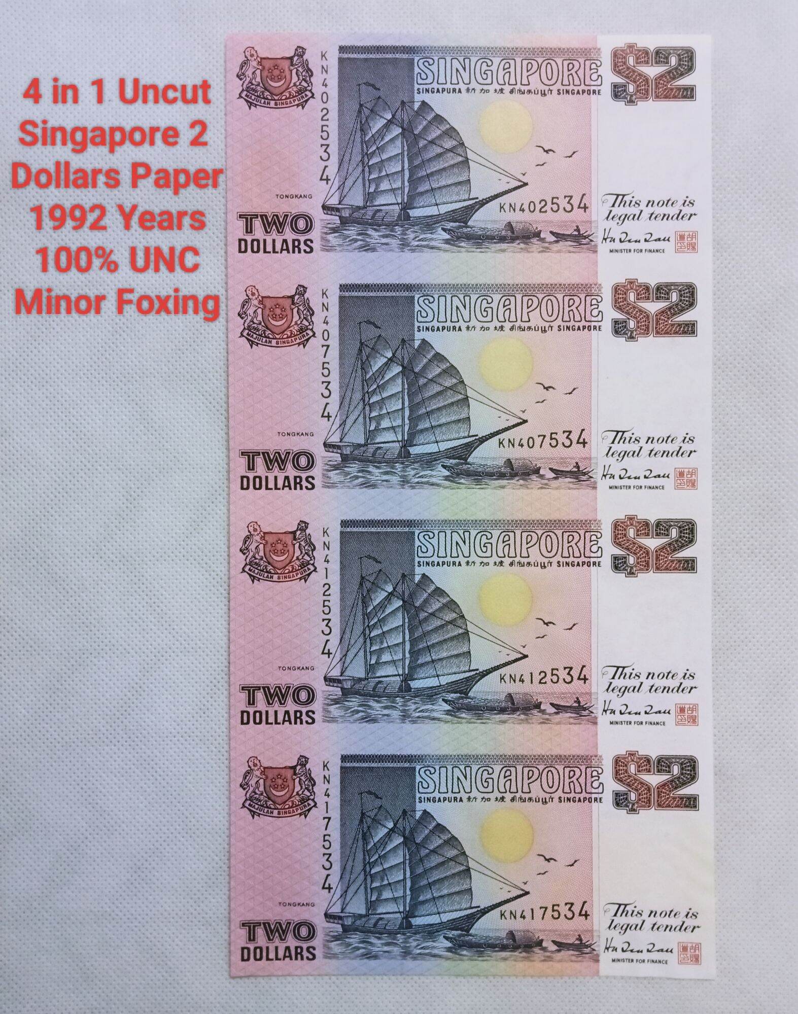 4 in 1 Uncut Singapore 2 Dollars Paper 1992 Years UNC /Minor Foxing ...