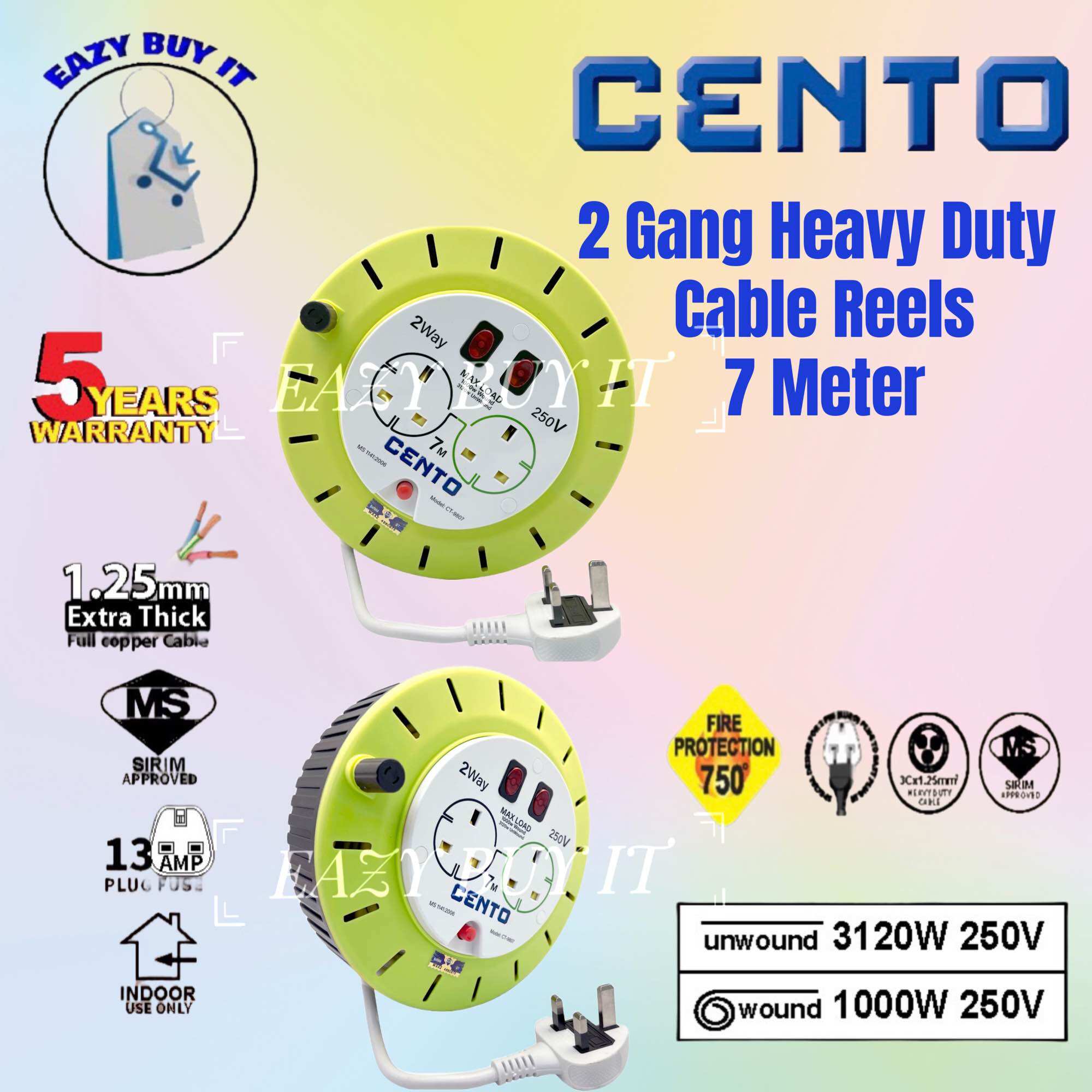 CENTO 2 Gang heavy duty cable reel extension [7METER/10METER] [SIRIM ...