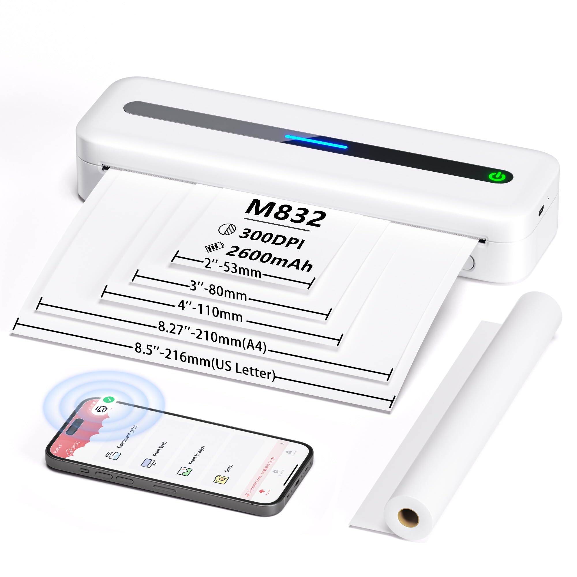New A4 Portable Printer Wireless M832 for Travel Work Home Inkless ...