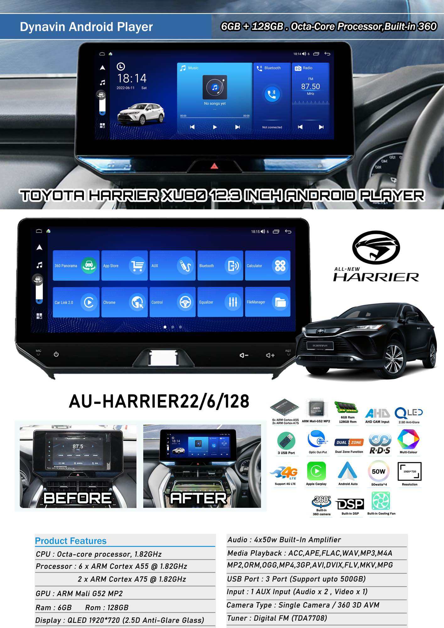 DYNAVIN TOYOTA HARRIER XU-80 12.3” OEM ANDROID PLAYER 6GB RAM+128GB ROM ...