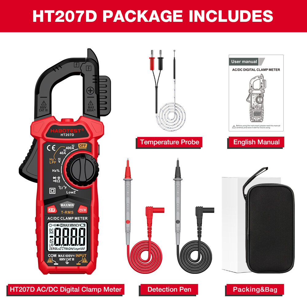 HABOTEST HT207 AC DC Digital Clamp Meter Multimeter Pinza Amperimetrica ...