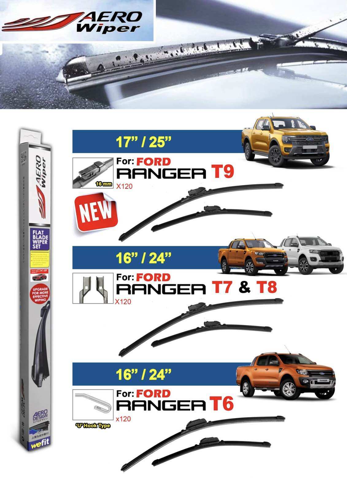 AERO WIPER Ford ranger T6 T7 T8 T9 2015 - 2024 window windscreen wipers ...