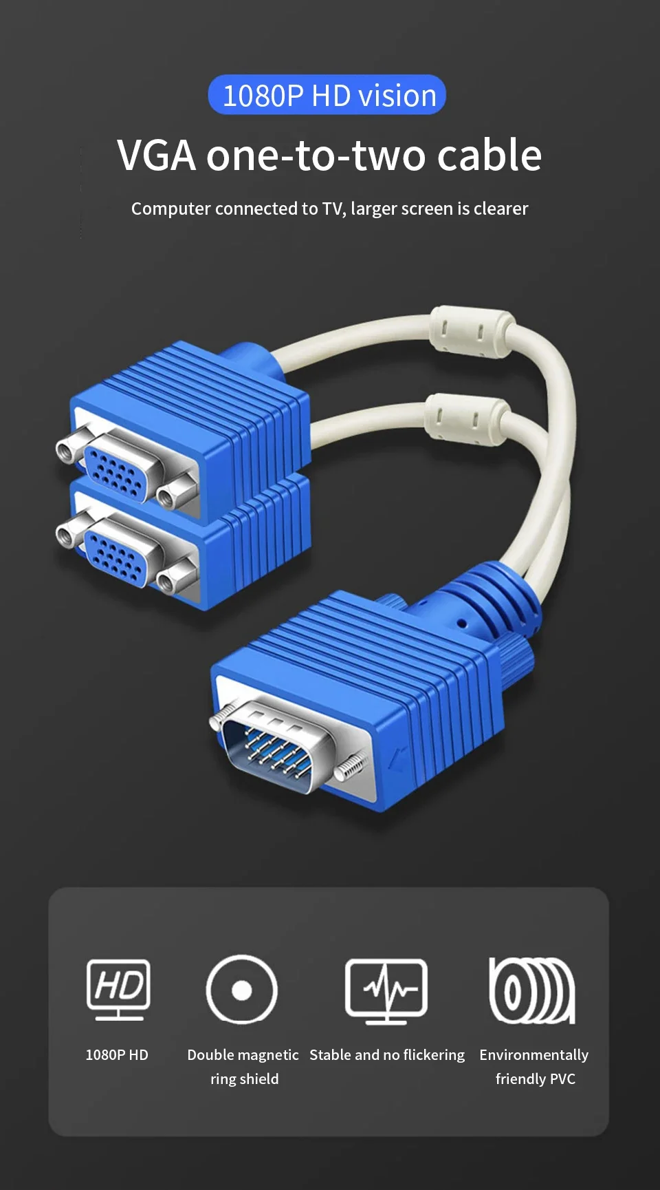 1080P 2 Dual Port Y Splitter 1 In 2 Out Cable Adapter For LCD TV Box ...