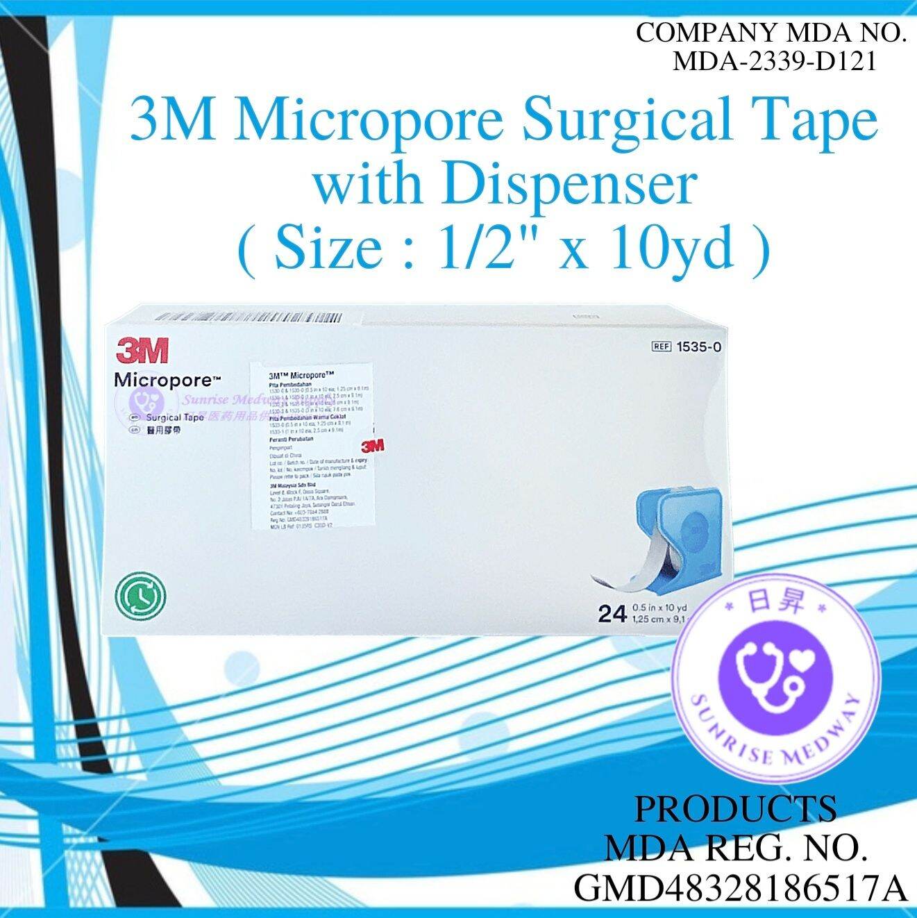 3M Micropore Surgical Tape with Dispenser, Size:1/2"x10 yards, 24 rolls ...