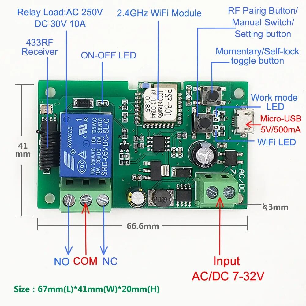 1CH RF Smart Switch 7-32V AC DC WIFI Ewelink Remote Control Garage Door ...