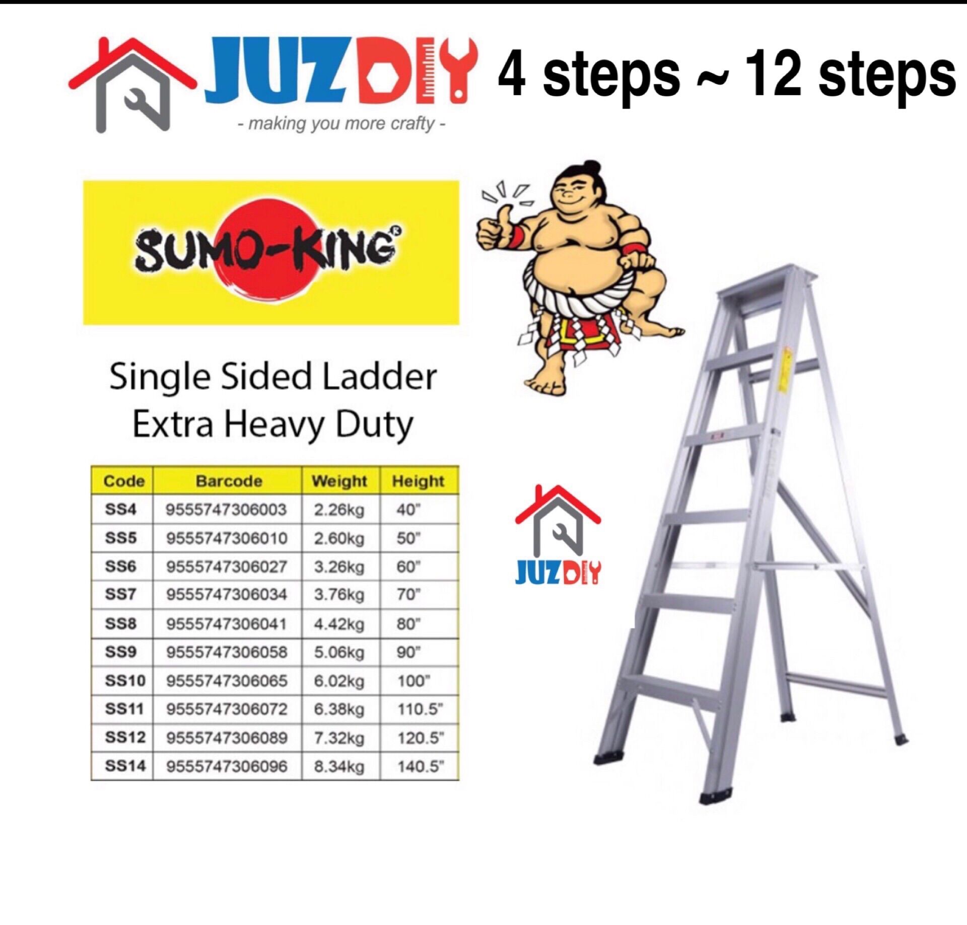 SUMO KING Single Sided Aluminium Ladder 4 steps to 12 steps | Lazada