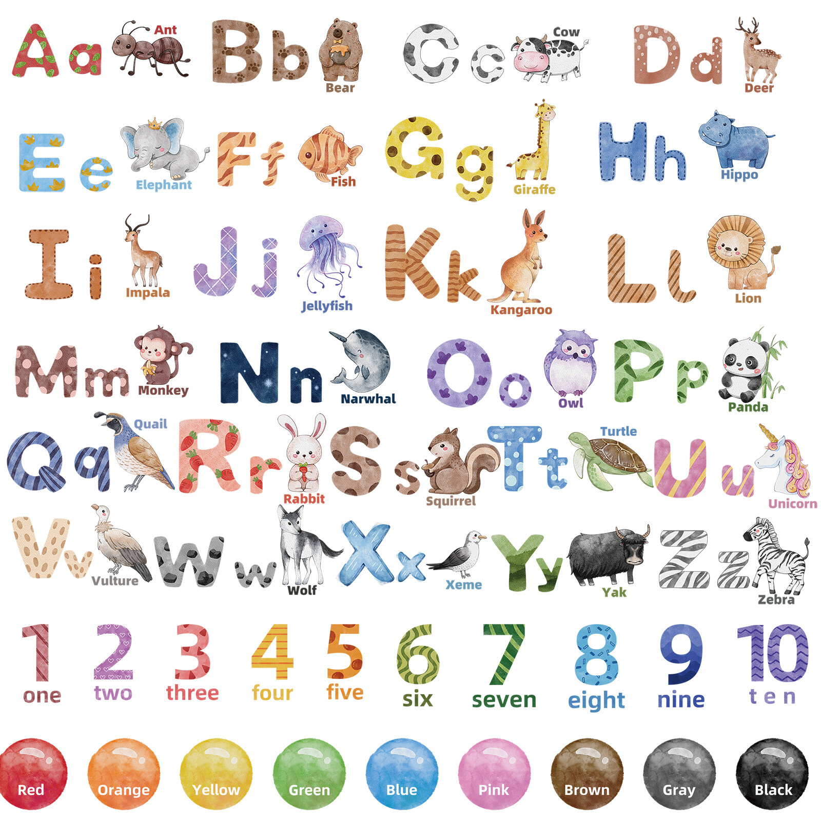 Alphabet Animals Wall Decals Numbers Wall Decor ABC Letters Wall ...