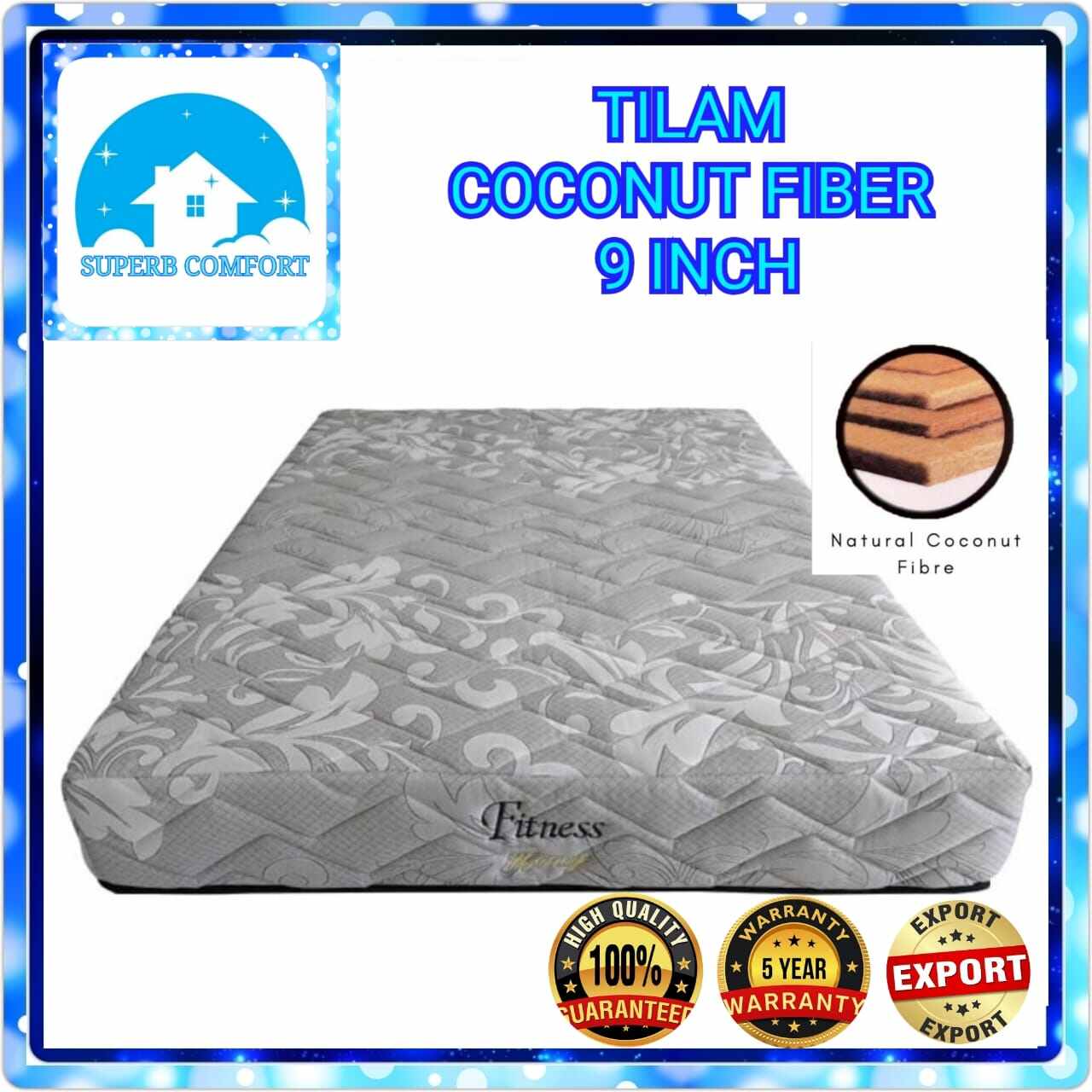 HONEY FITNESS 9" TILAM NATURAL COCONUT FIBER MATTRESS KING QUEEN SINGLE ...