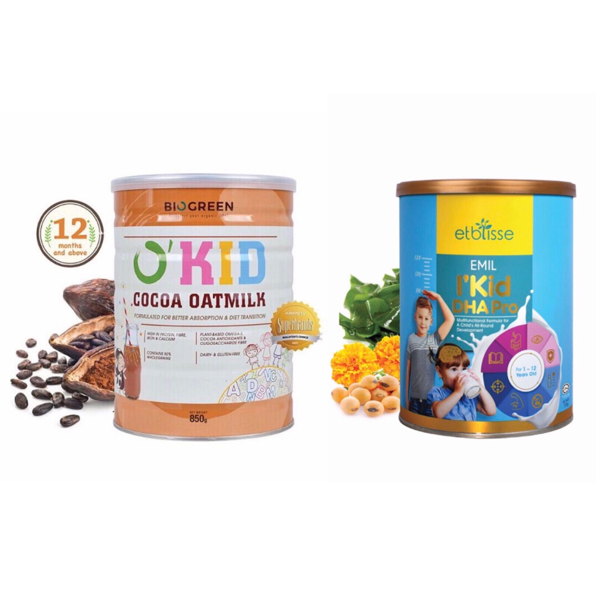 Biogreen O’KID Cocoa Oatmilk , 850grams + Etblisse Emil I’KID DHA Pro ...