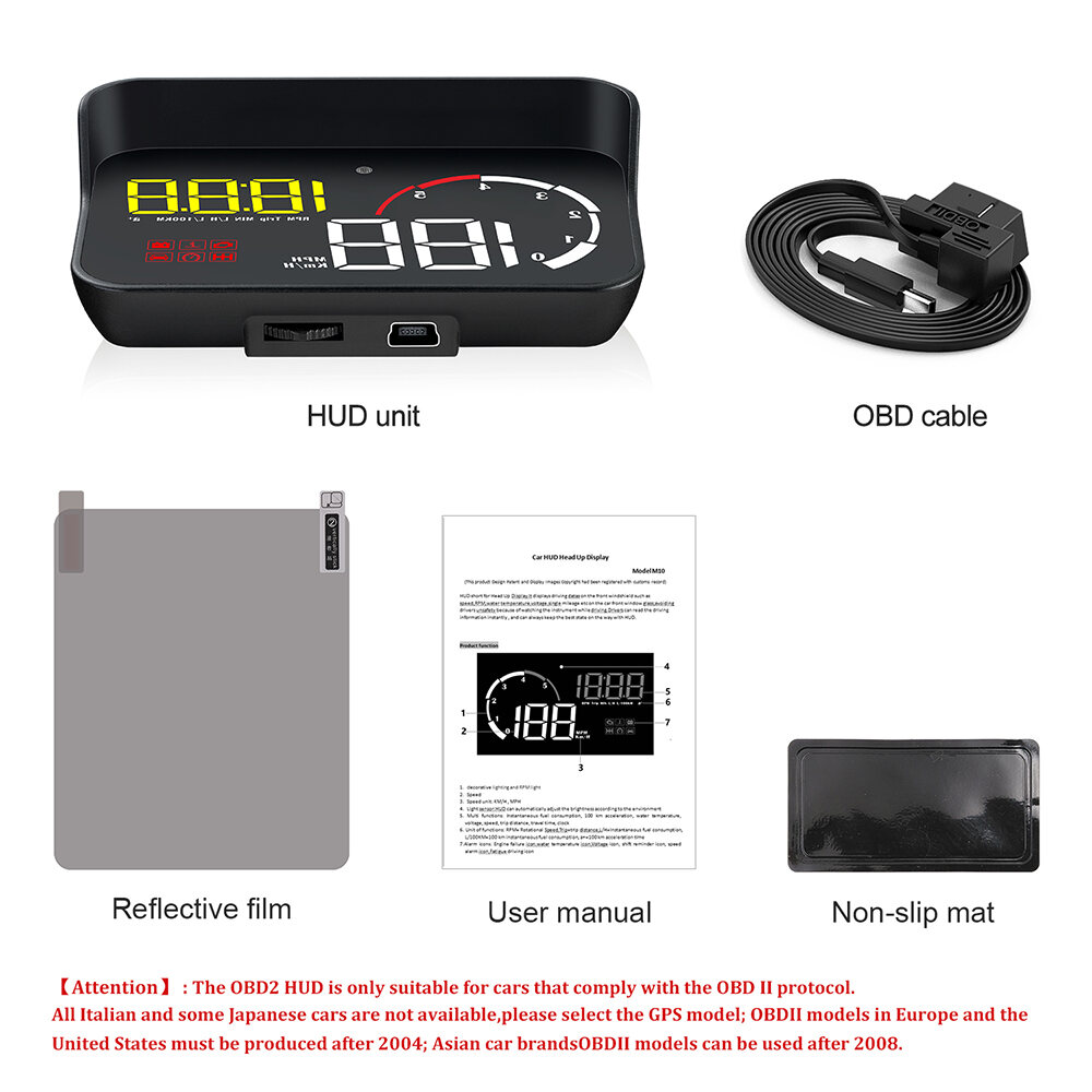 Multifunction Car HUD Display Intelligent Alarm System OBD2 Overspeed Warning M10 A100 ...