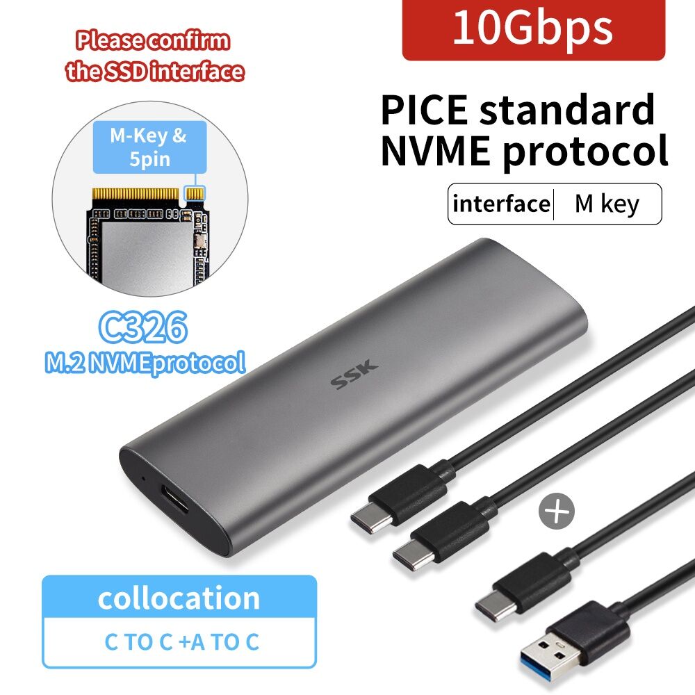 SSK M.2 NVME SATA SSD Enclosure 10Gbps NVME PCIe M-Key, 5Gbps SATA NGFF (B+M Key), External ...
