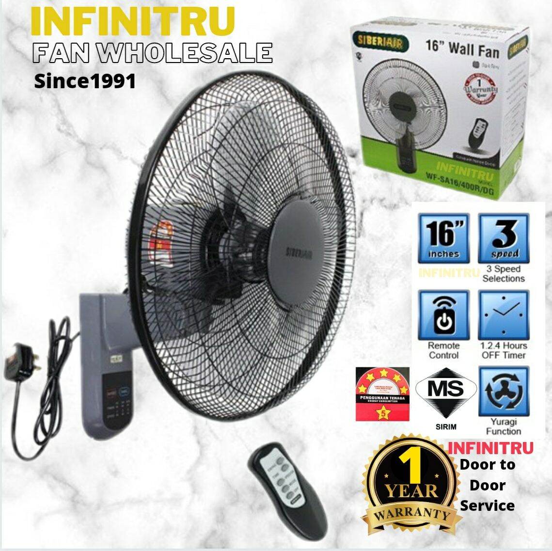 (Sirim Certified) SIBERIAIR Modern Grey 16 Inch Wall fan with Remote ...