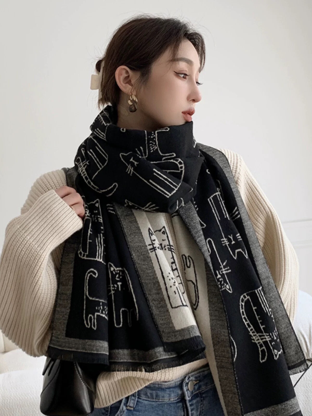 High-End Double-Sided Cashmere-Style Wool Scarf for Women Long Warm ...