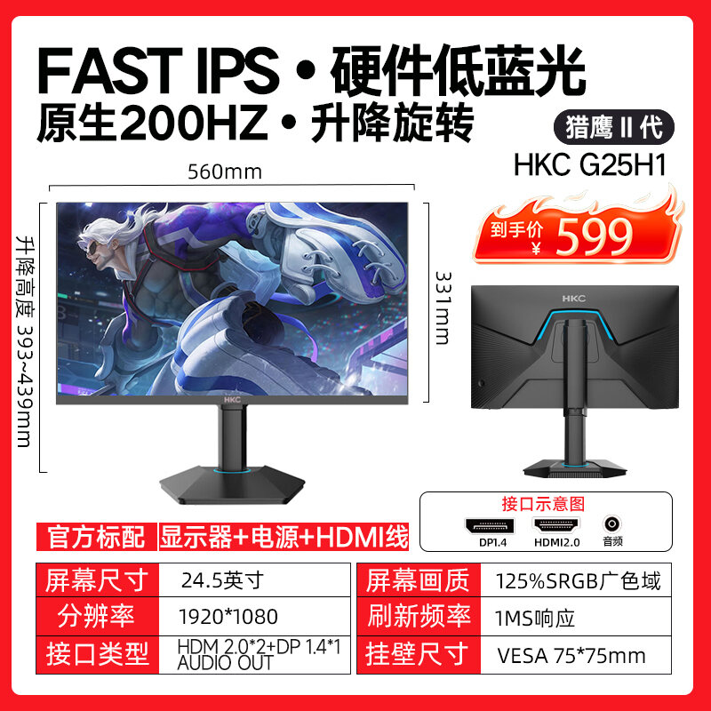 HKC 24 Inch Gaming Monitor 1K 200Hz External Notebook Display G25H1 Fast-Ips Panel Rotatable ...