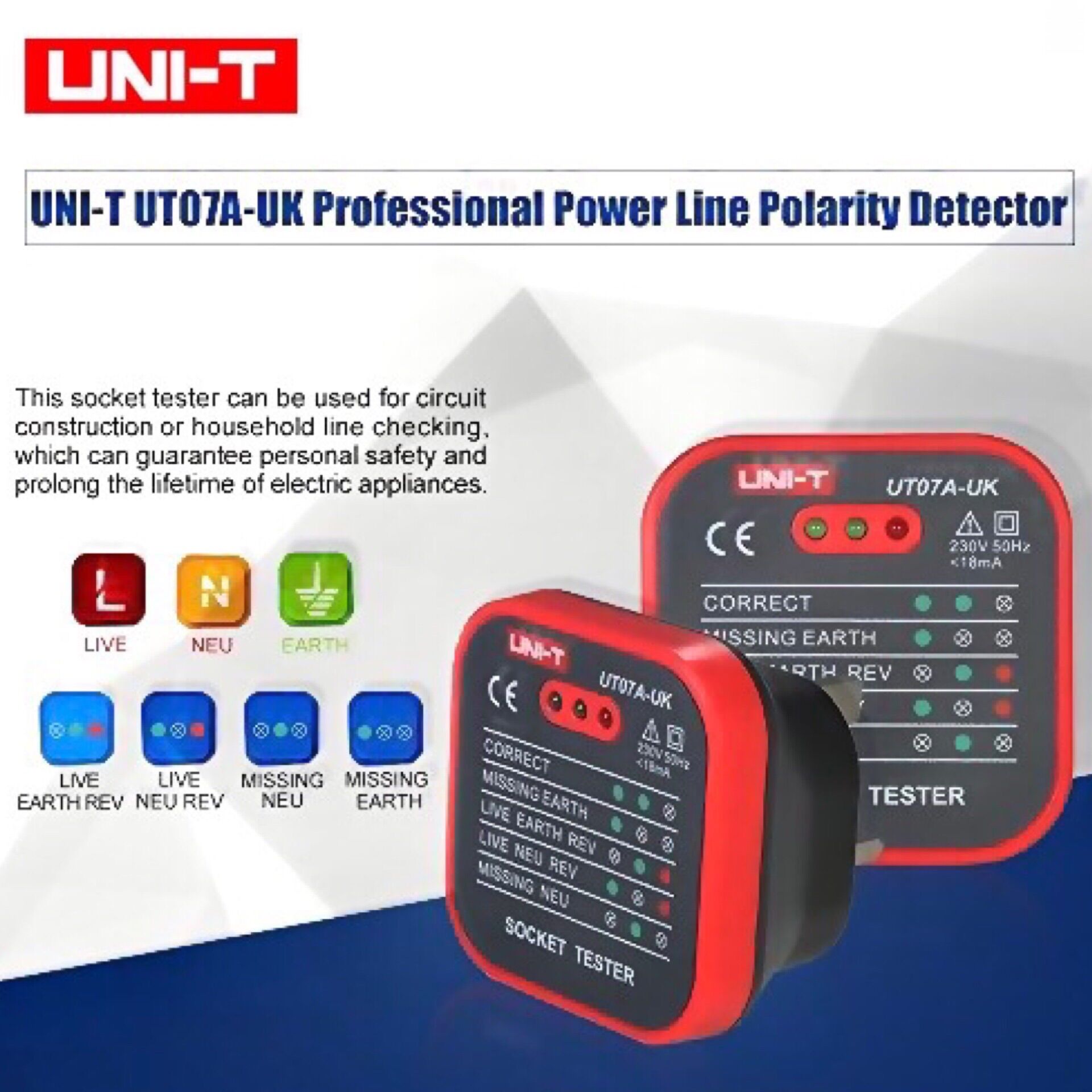UNI-T SOCKET TESTER 230V 50-60HZ UT07A-UK Testing Electric Leakage Test ...