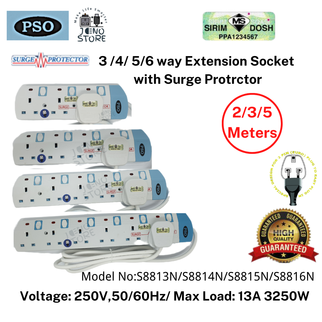 NEW BLUE PSO 3/4/5/6 Way Portable Extension Trailing Socket Extension ...