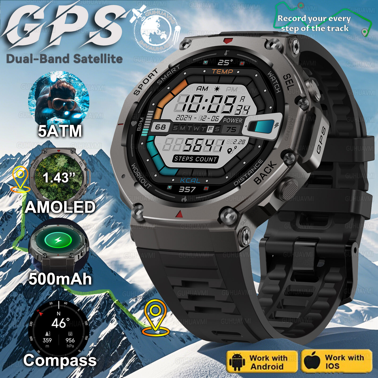 T-Rex 3 Built-in Dual-band GPS Smart Watch Men Smartwatch Compass ...