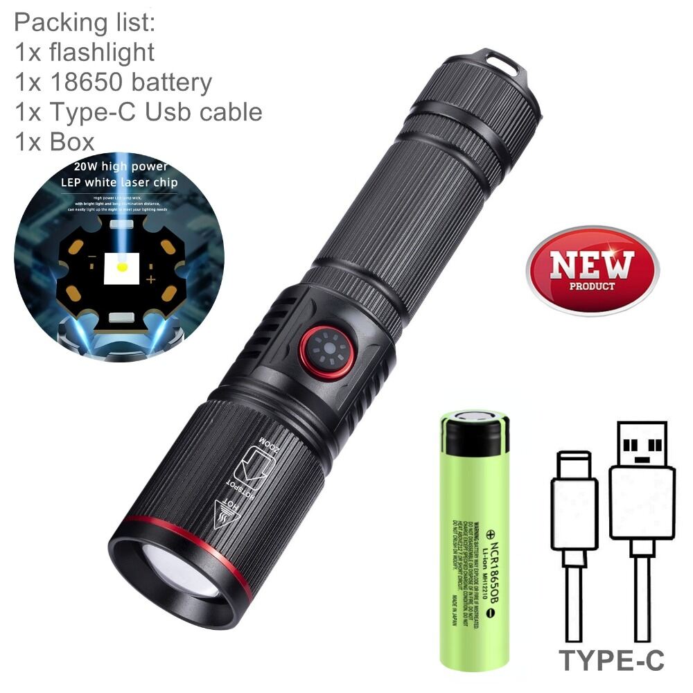 20W Zoom White Laser LED Flashlight High Power Type C Rechargeable ...