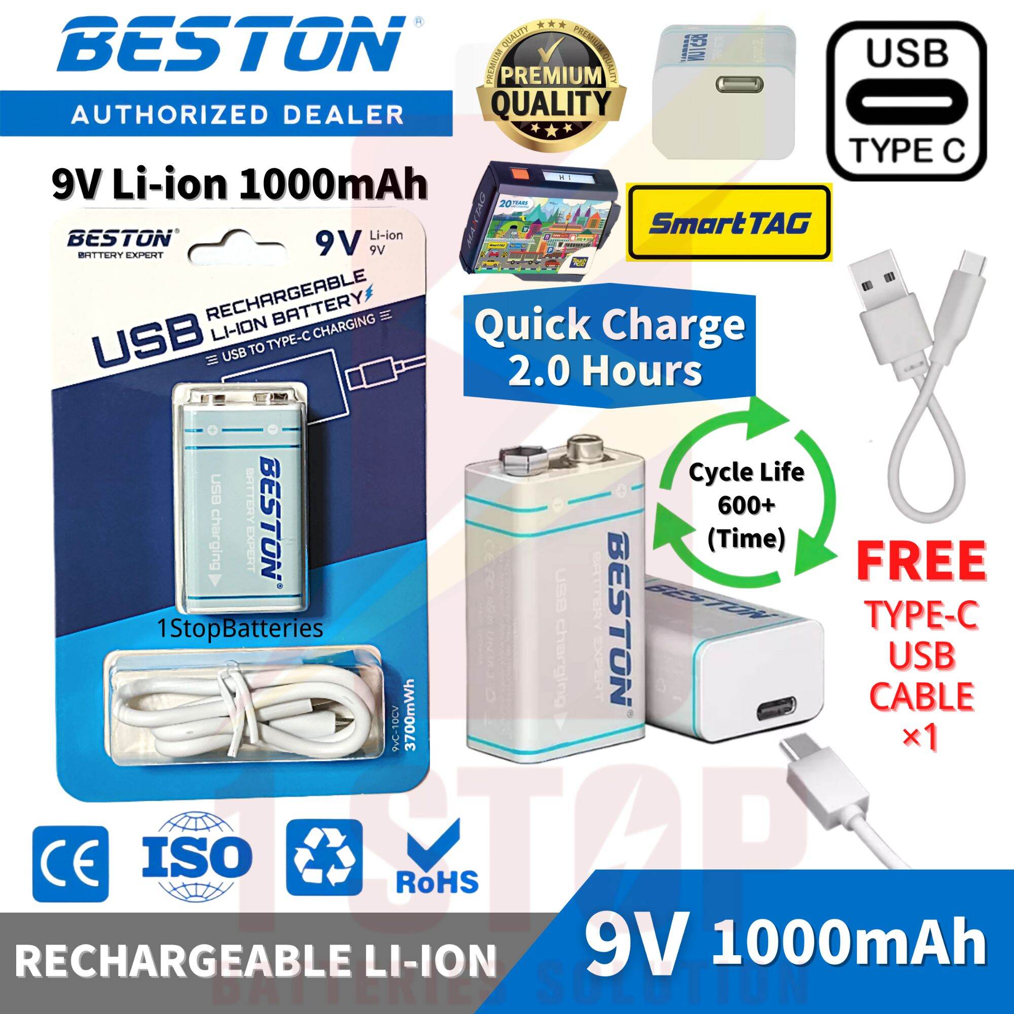 [Original] BESTON 9V 1000mAh/650mAh Lithium Rechargeable USB Type-C ...