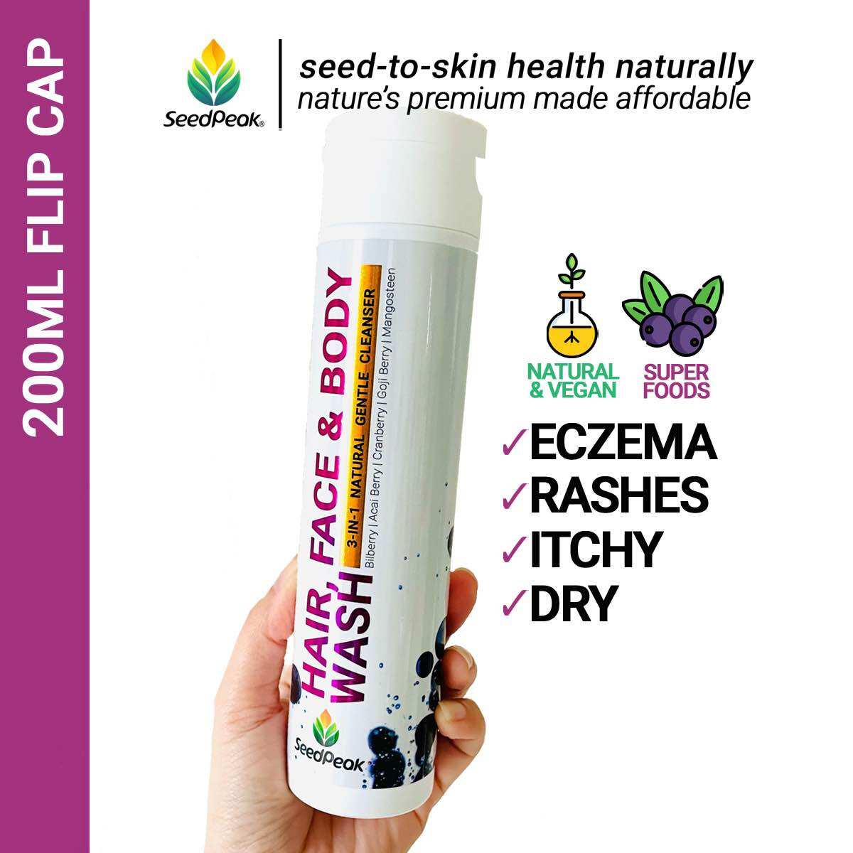 SeedPeak 3in1 [Mixed Berries] 200ML Head to Toe Natural Body Shampoo ...