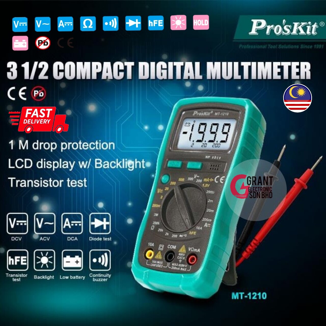 Pro'skit MT-1210 3½ Compact Digital Multimeter Proskit MT1210 (Free ...
