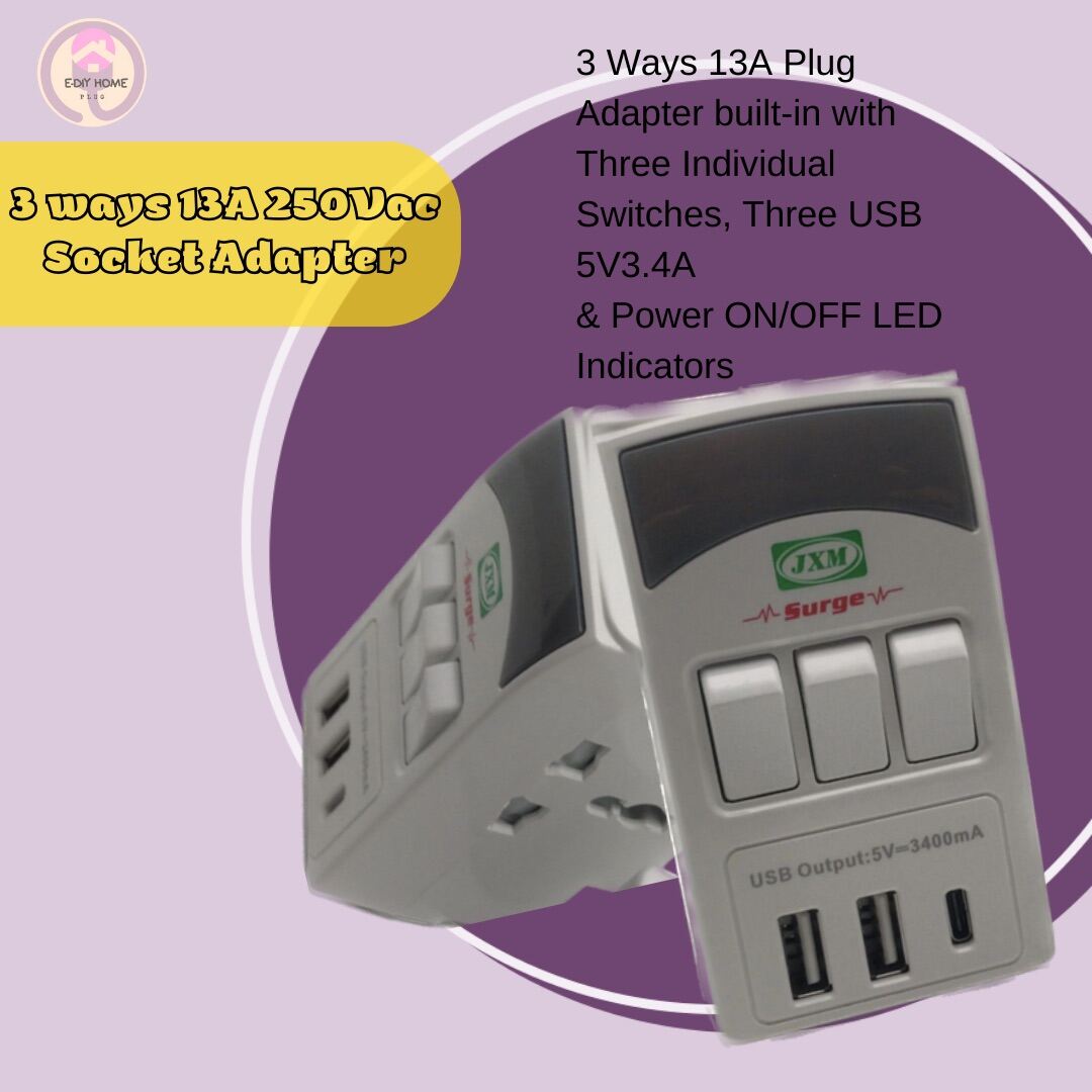 【New Type C USB Design】eDIYhome 3Way 13A 250Vac Plug Socket Adapter with Independent Switches ...