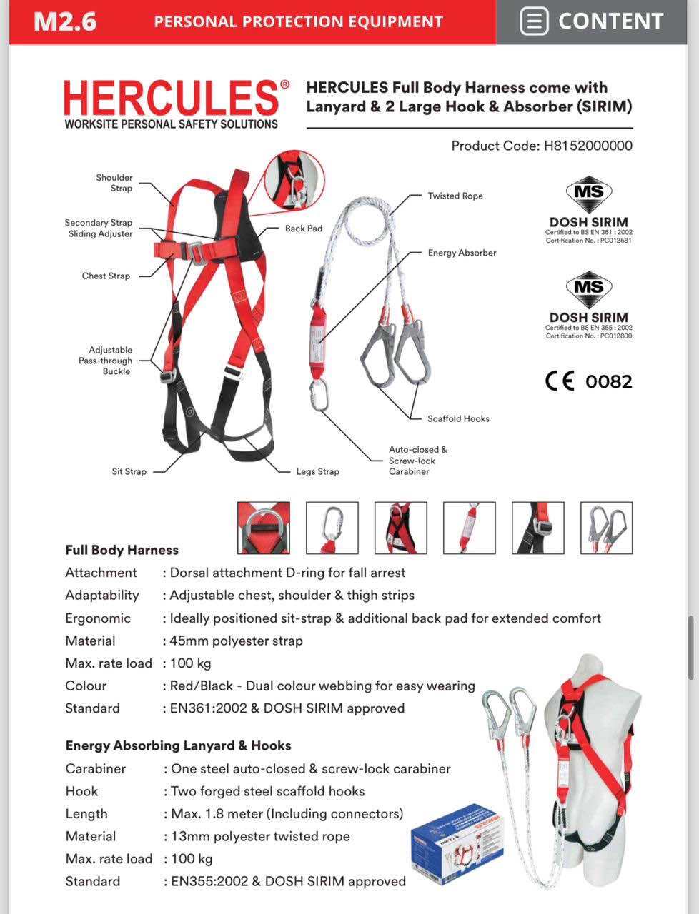 Hercules Full Body Harness Come with Lanyard & 2 Large Hook & Absorber ...