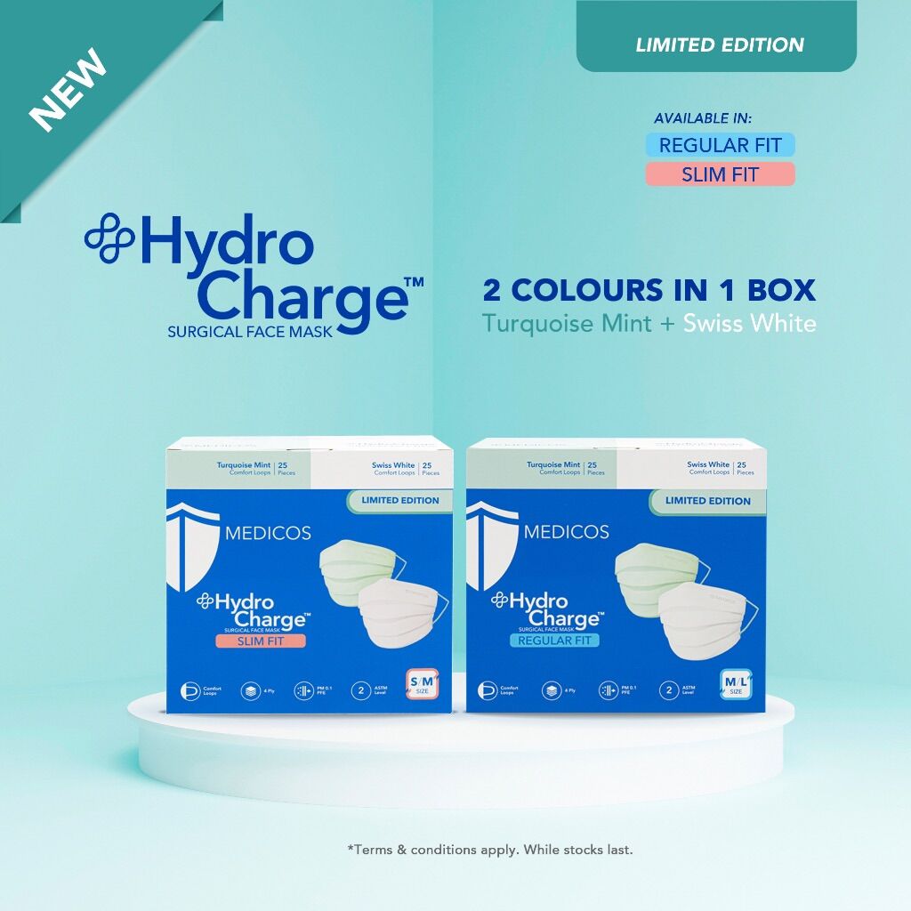 MEDICOS HydroCharge 4ply Surgical Face Mask Regular and Slim Fit Duo Mint (2 colors in 1 box ...