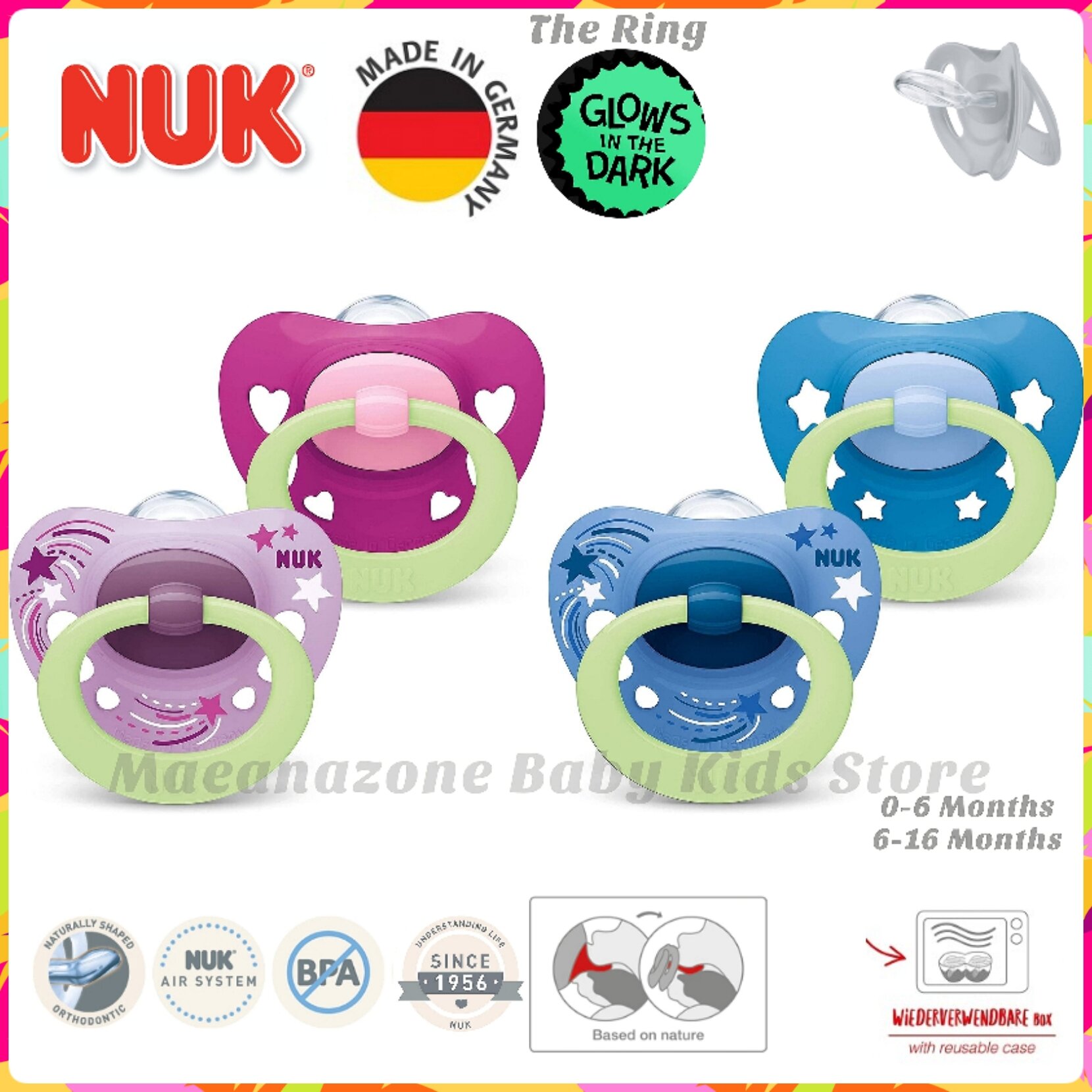 NUK Signature Soother Pacifier Night Blue / Pink ~ ( 0-6 Month ) ( 6-18 ...