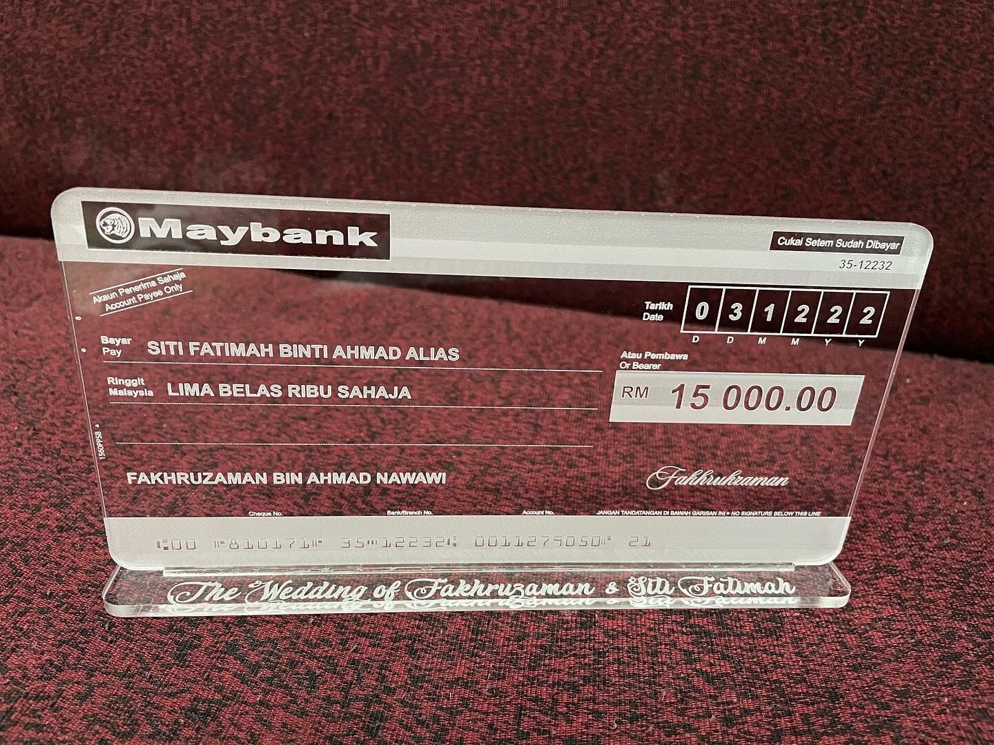 MOCK UP CHEQUE ACRYLIC RM35 Sahaja | Lazada