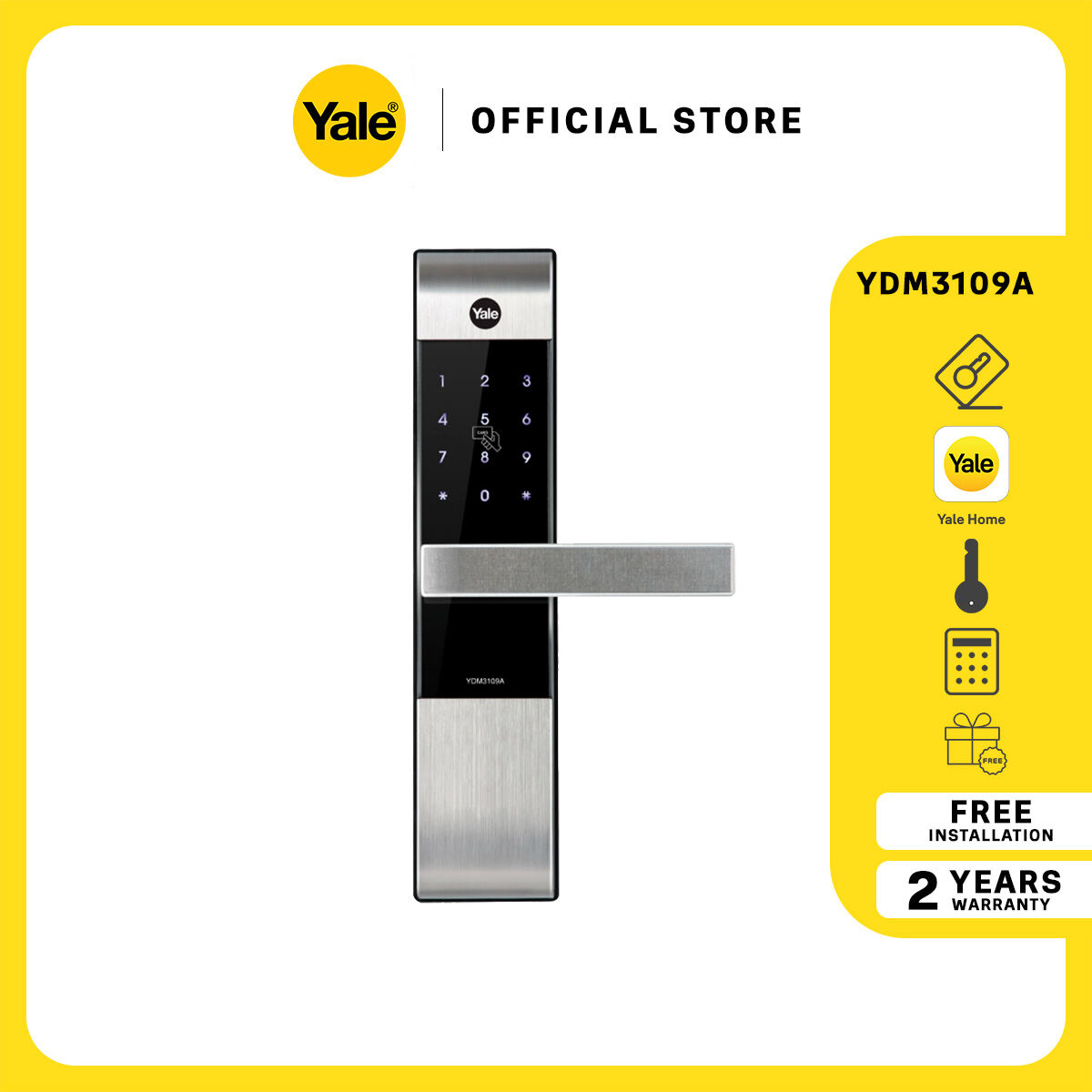 Yale YDM3109A Mortise Smart Door Lock (Silver) - PIN Code/ RFID Keytag/ Bluetooth/ Yale Home App ...