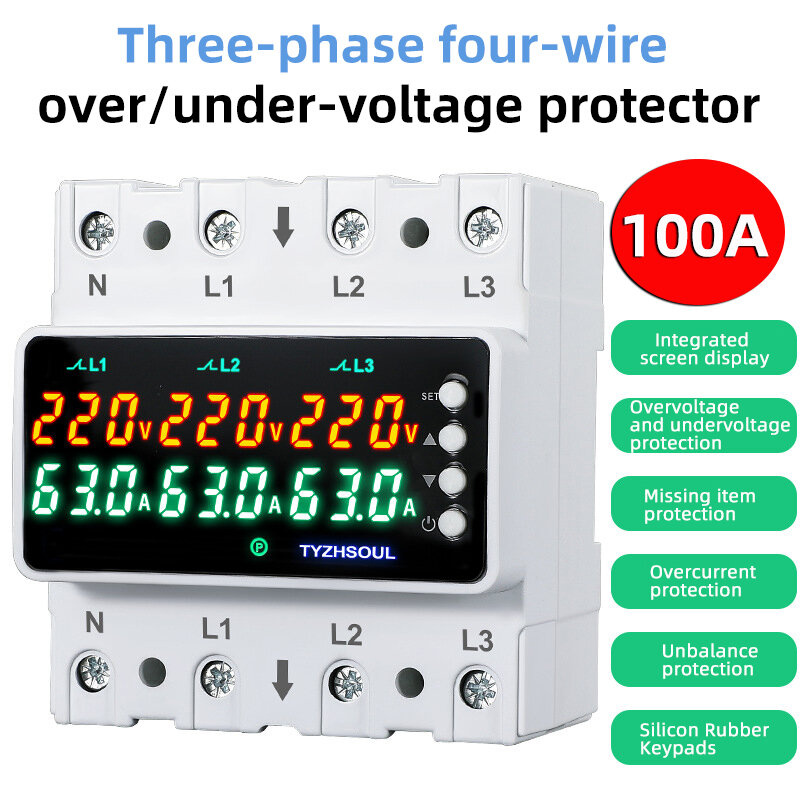 3 Phase 4-wire DIN Rail Over Under Voltage Protector 63A/100A ...
