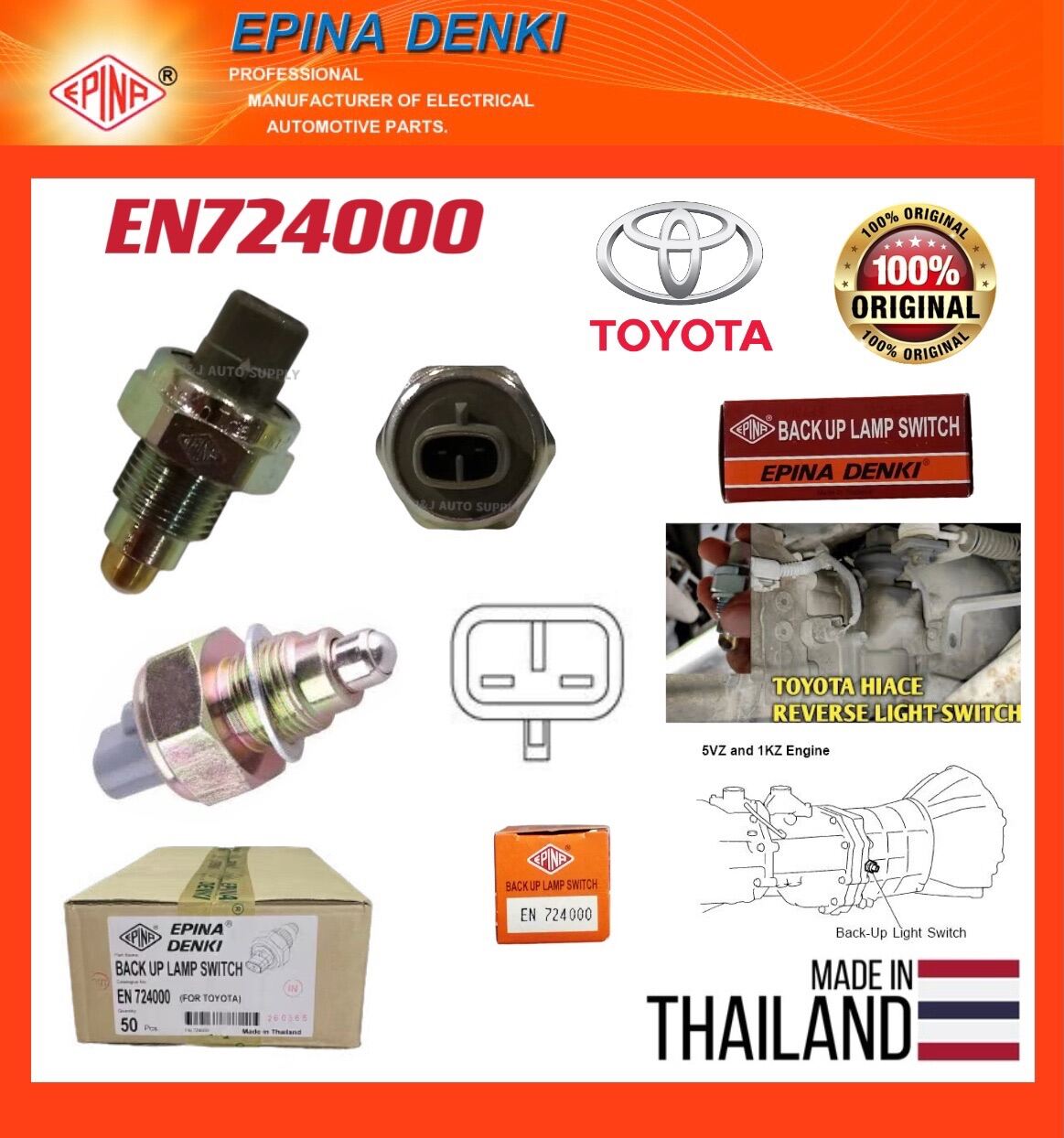 EN724000 ORIGINAL EPINA DENKI BACKUP LAMP SWITCH (REVERSE SWITCH) 2PIN FOR USE ON: TOYOTA HILUX ...