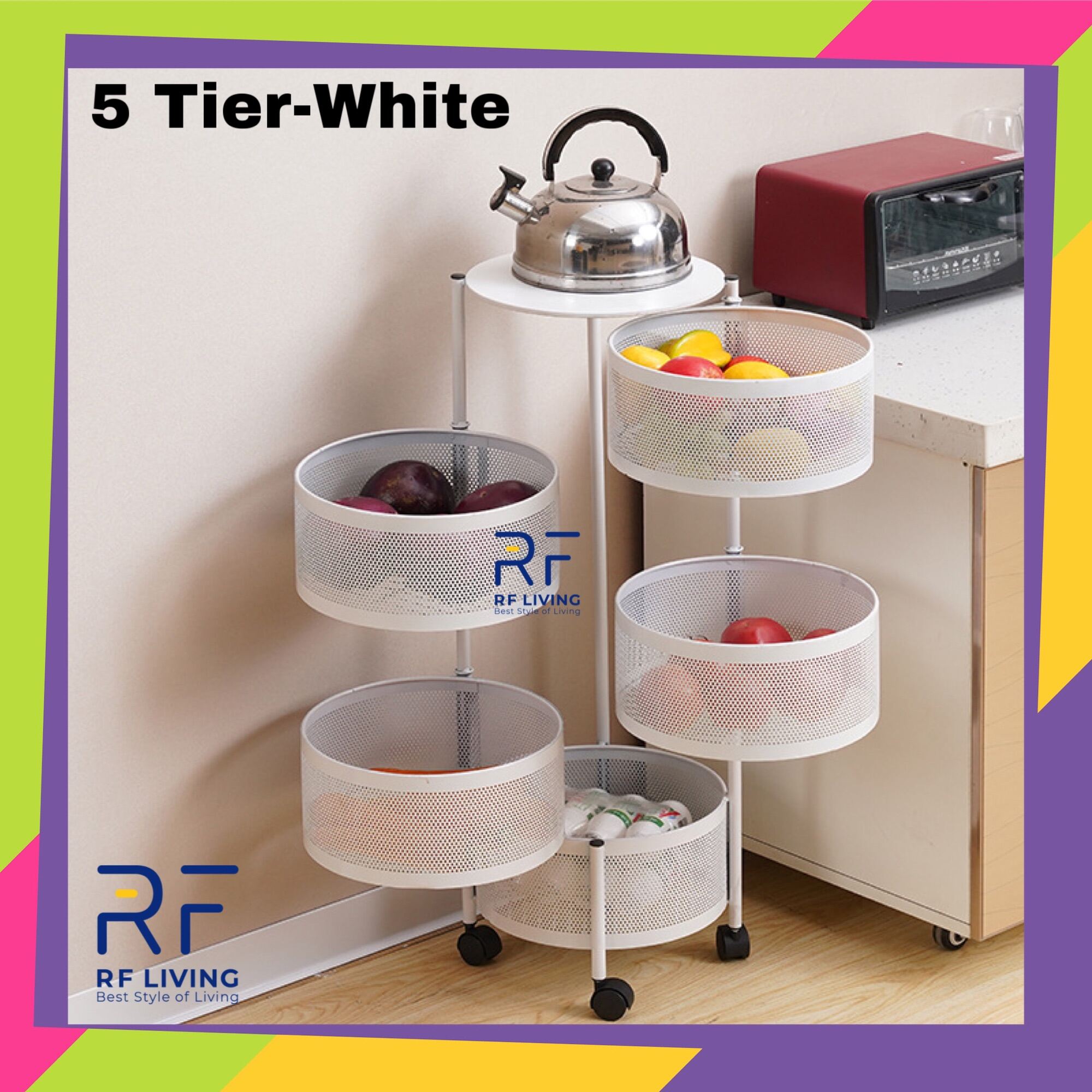 RF Living Round Rotary Basket Trolley Kitchen Seasoning Vegetable ...