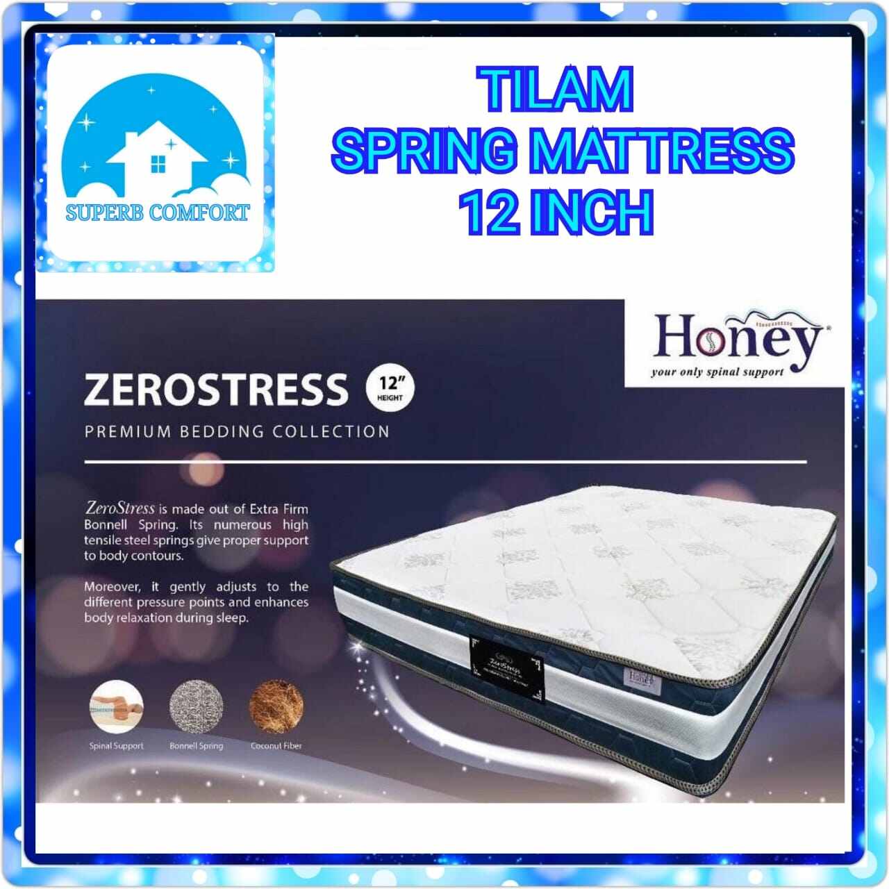HONEY ZERO STRESS 12" TILAM SPINE FIRM SPRING MATTRESS KING QUEEN ...