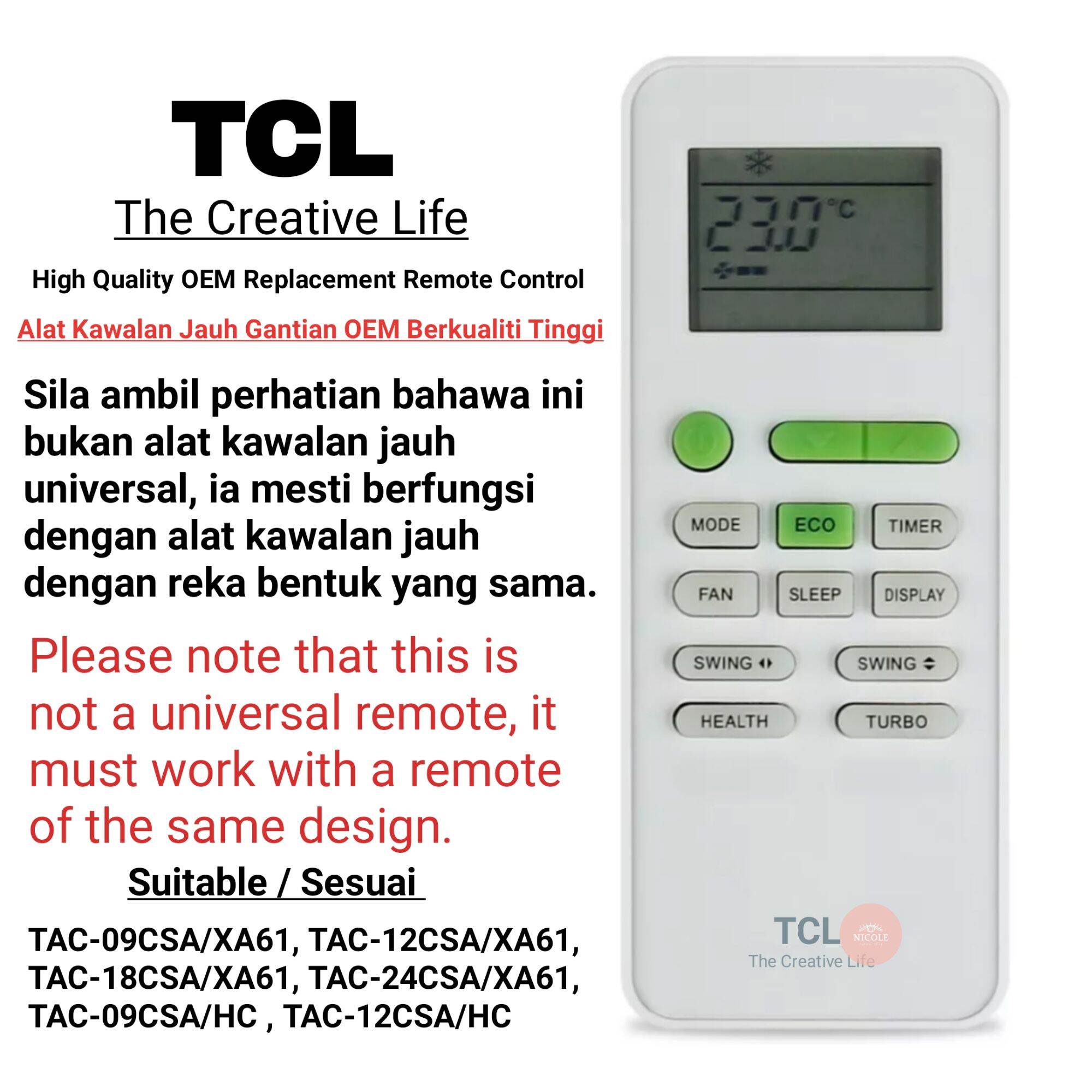 TCL air conditioner Remote Control ( Original Remote Control OR OEM ...